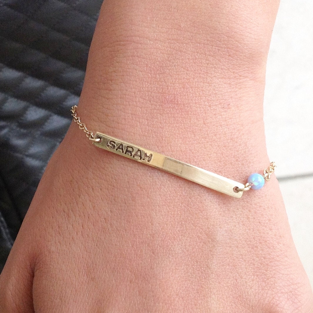 Personalized Bar Bracelet Gold Bar Bracelet and Opal Bead - Etsy