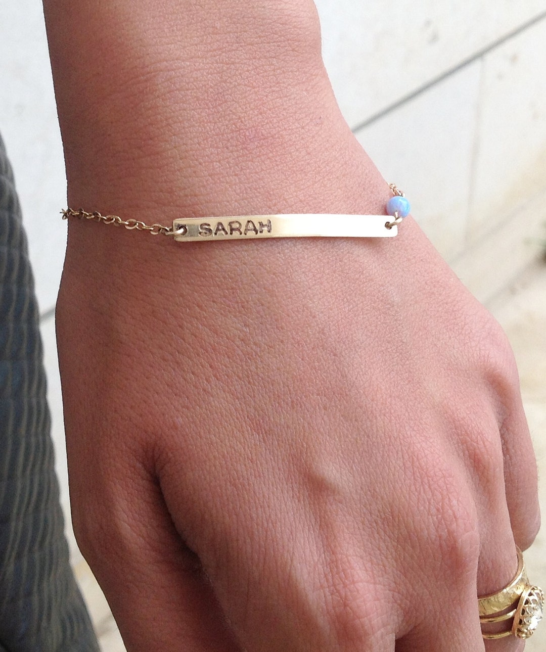 Personalized Bar Bracelet, Gold Bar Bracelet and Opal Bead, Custom Bar ...