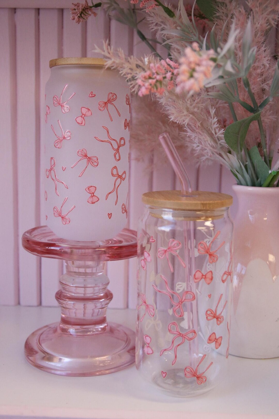 Coquette Bows Glass With Bamboo Lid and Straw, Bows and Hearts, Bow ...