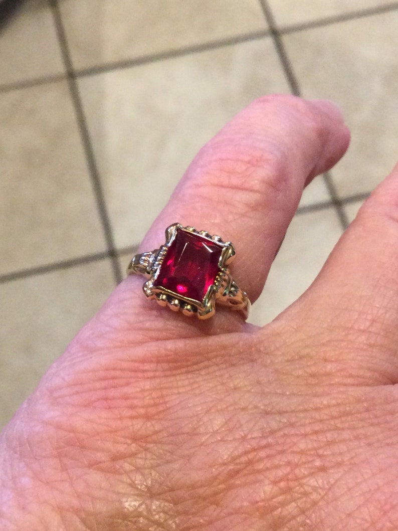 Mid Century Synthetic Ruby Ring-10k Yellow Gold Rectangular - Etsy
