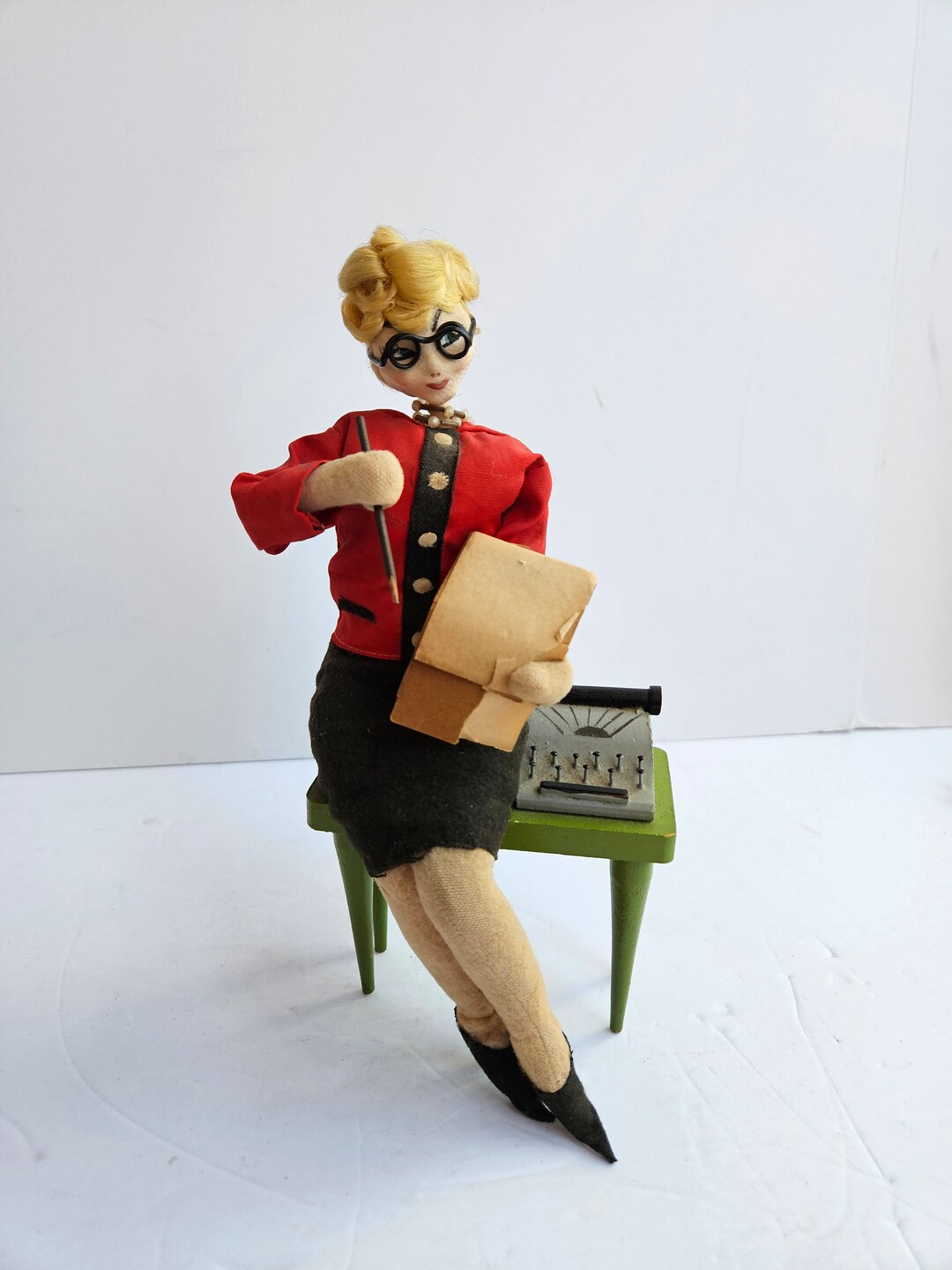 Vintage Felt Secretary Doll With Glasses and Note Pad Attached Stool ...