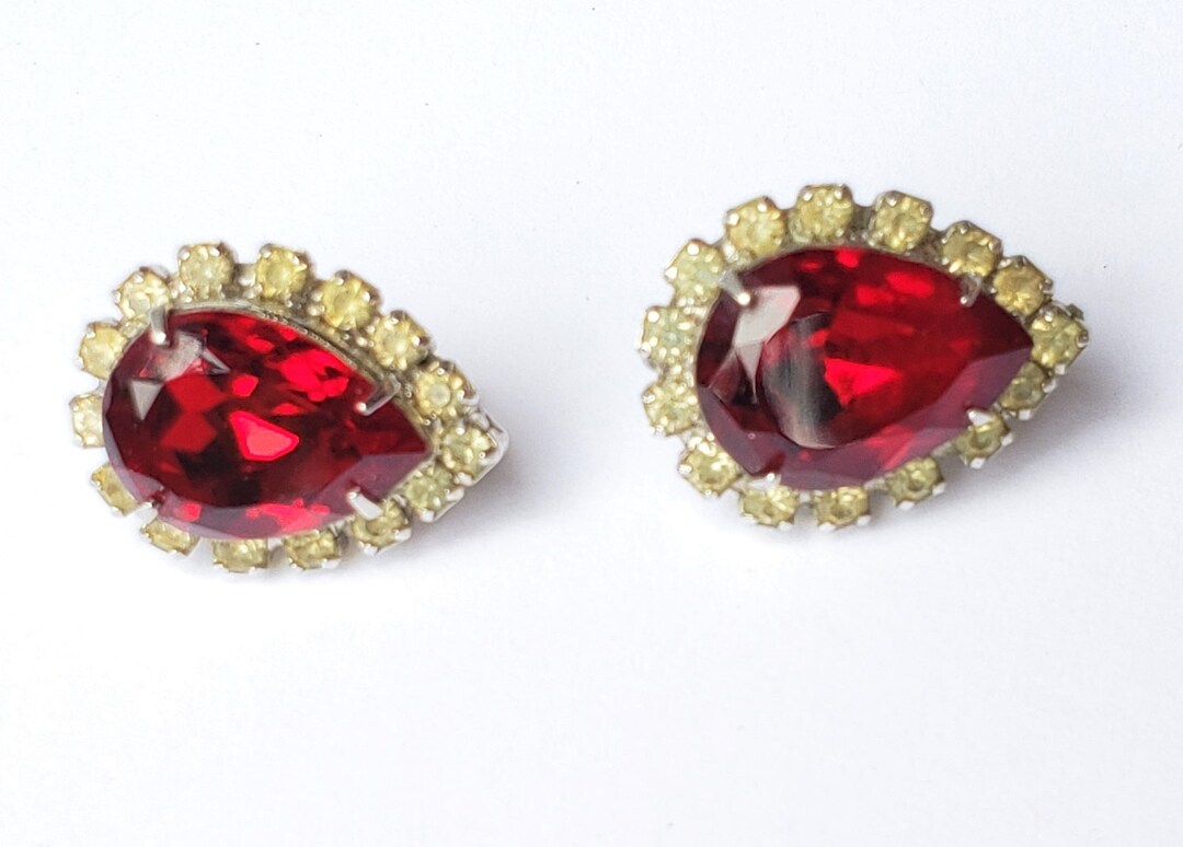 Teardrop Red With Rhinestones Clip Earrings - Etsy