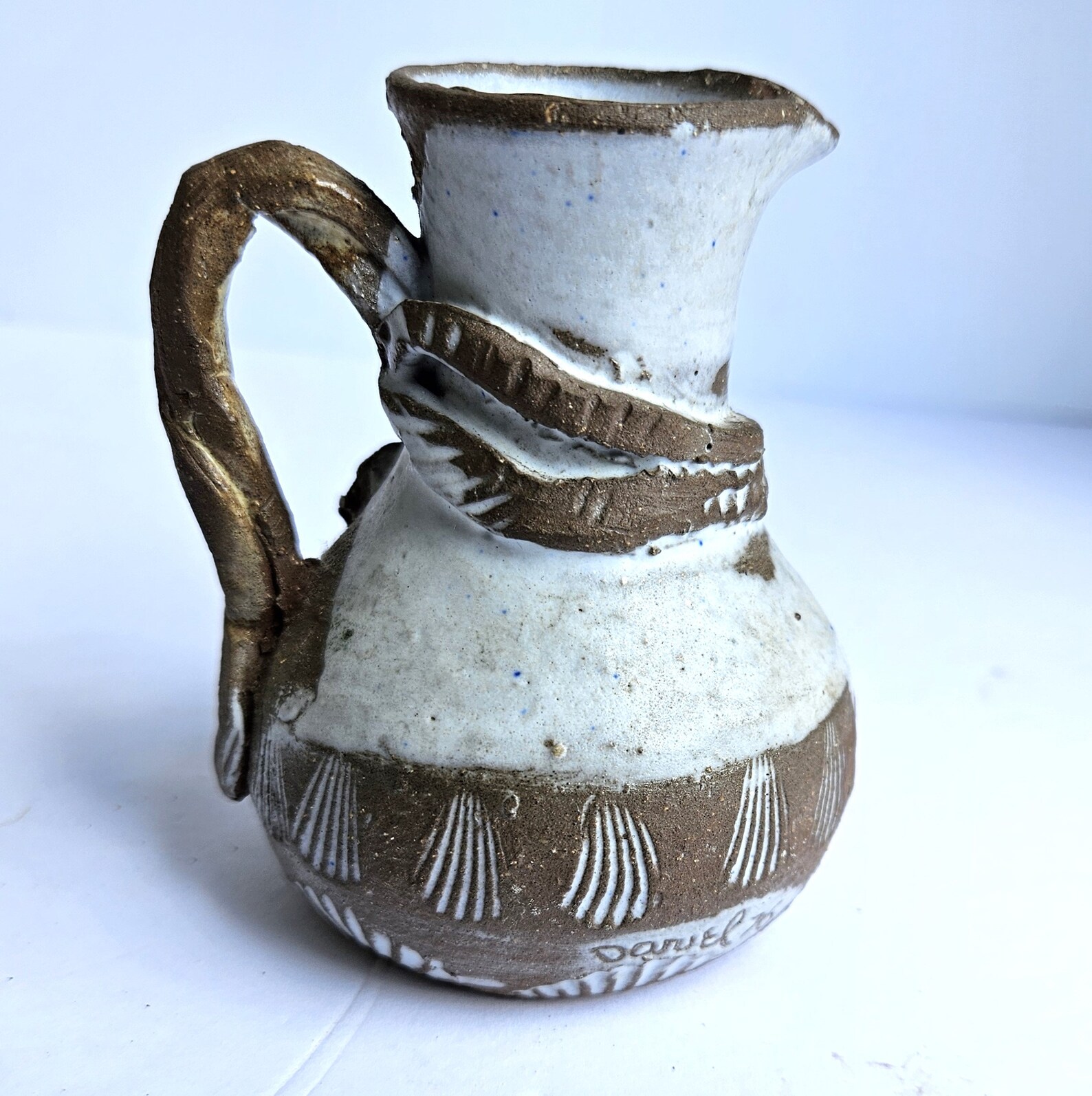 Miniature Pottery Pitcher or Vase With Pressed Details - Artist Signed ...