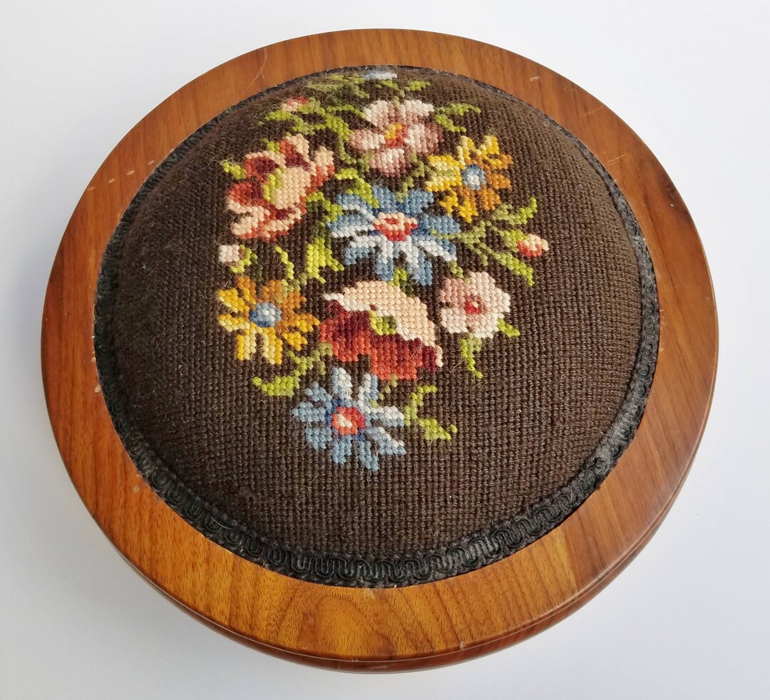 Round Crewel Work Cushioned Wood Foot Rest - 3 Bun Feet - Floral ...