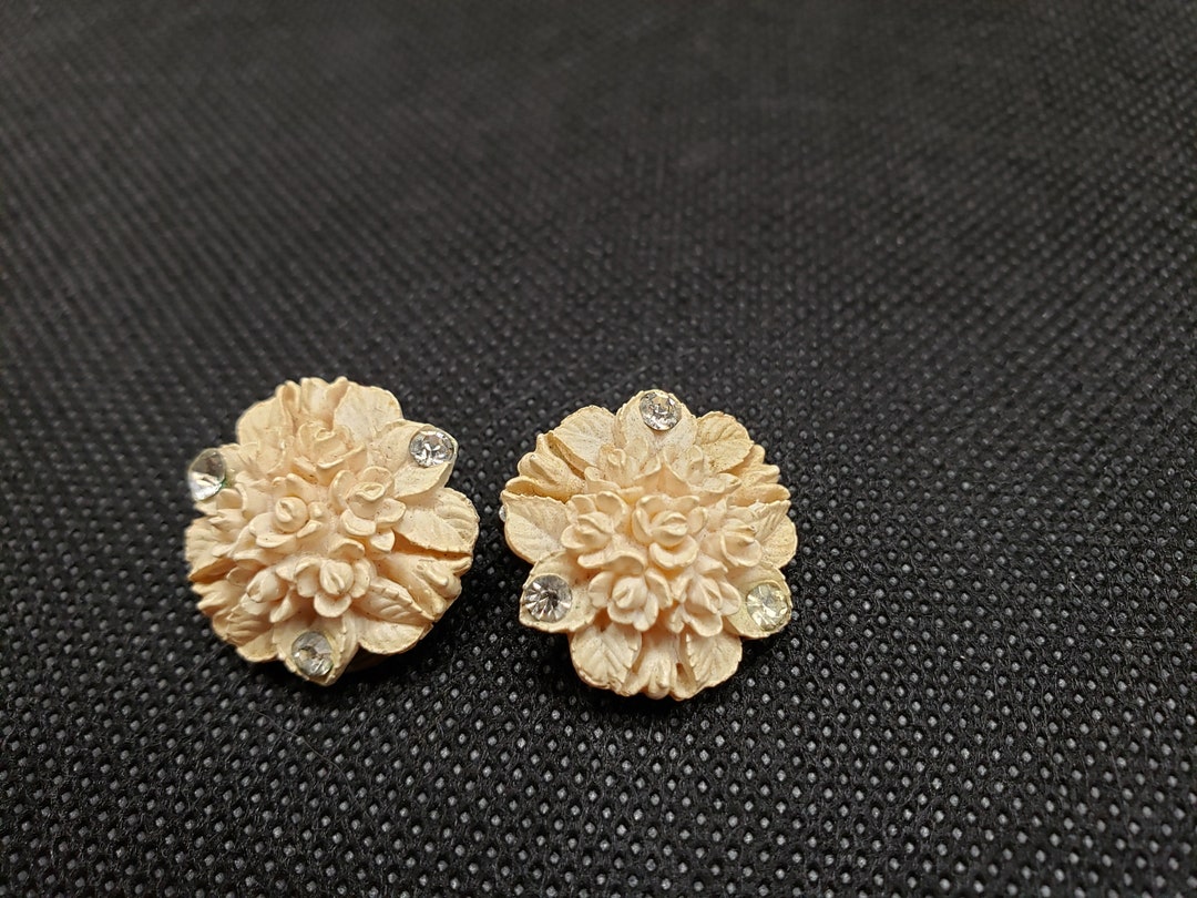Pair of Celluloid Floral Clip Earrings With Three Rhinestones - Etsy