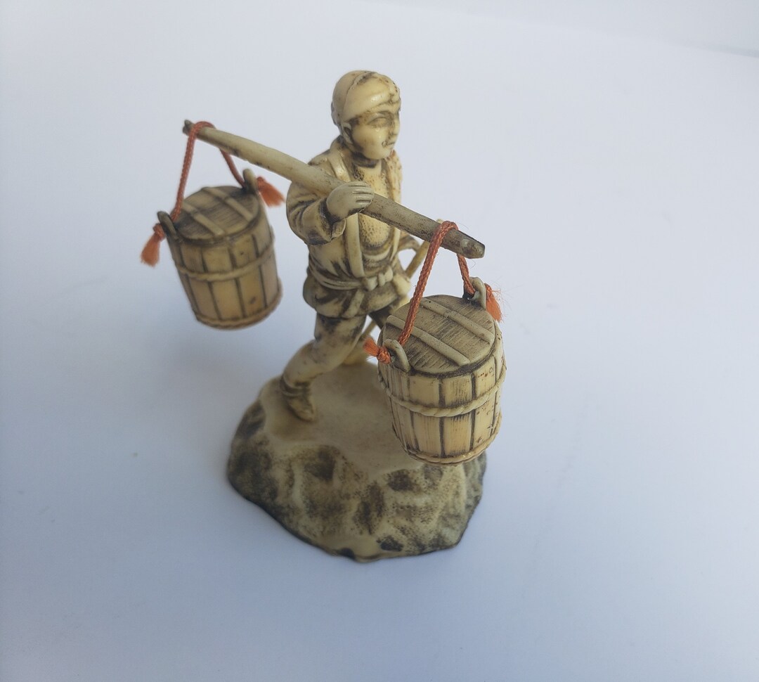 Asian Celluloid Figurine Man Carrying Two Roped Buckets on Pole - Etsy
