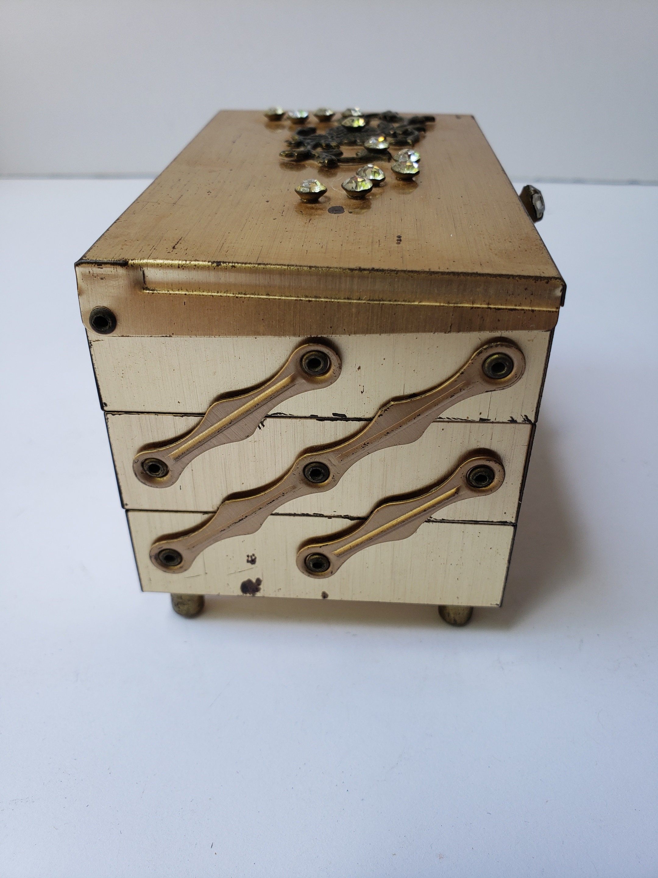 Gold Metal Cantilever Jewelry Box with Floral and Rhinestone | Etsy