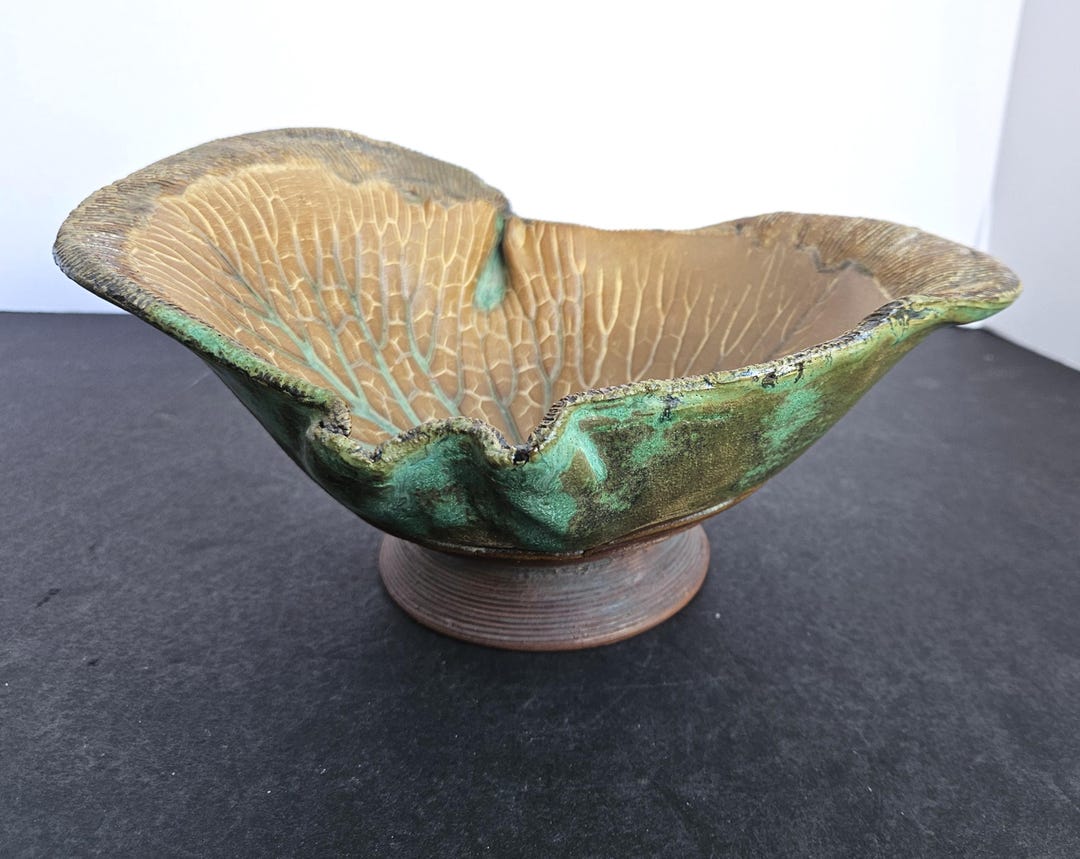 Art Pottery Realistic Leaf Look Pedestal Bowl - Artist Signed - Etsy