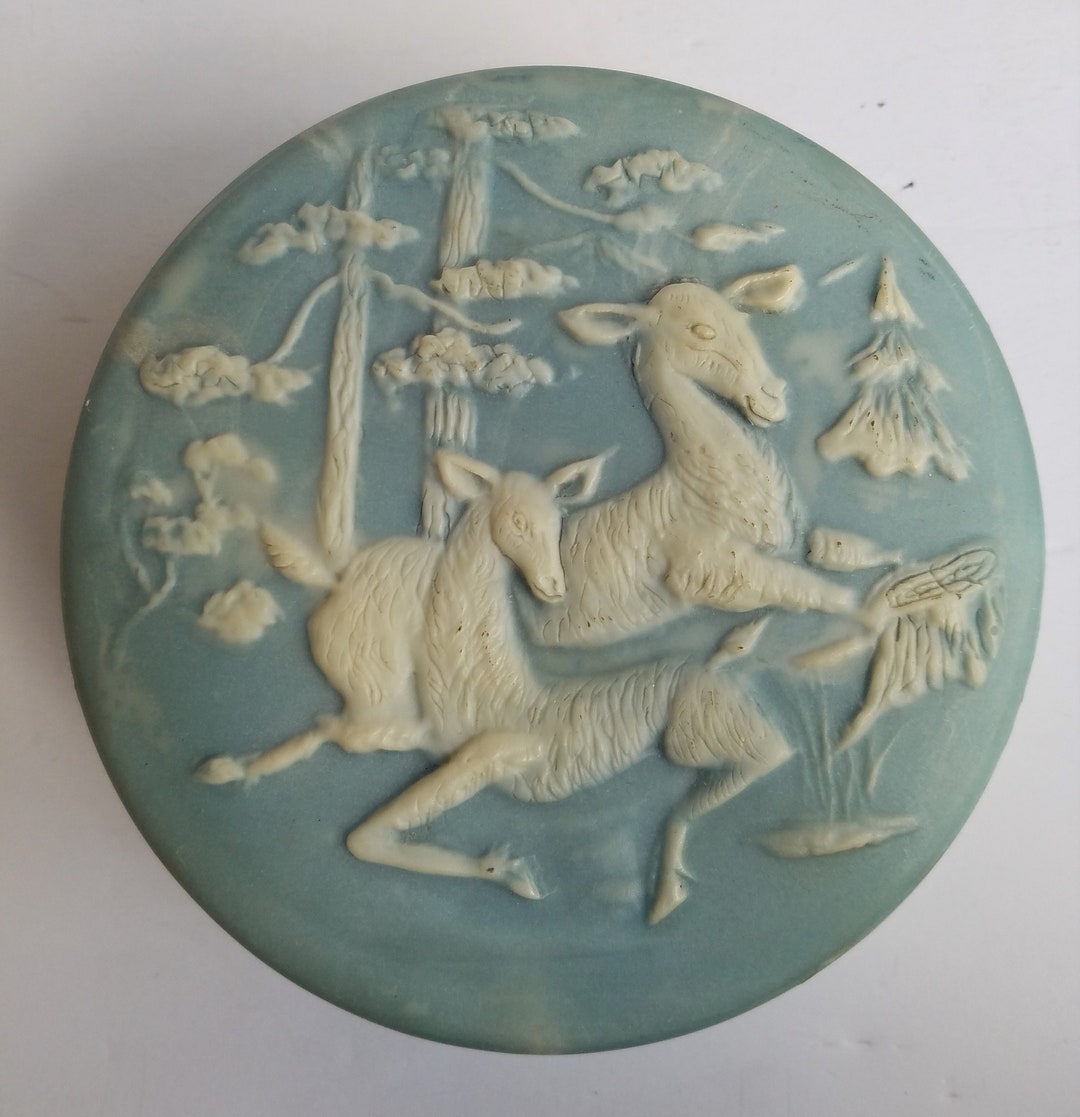 Blue and White Incolay Style -round Trinket Box With Pair of Deer by ...