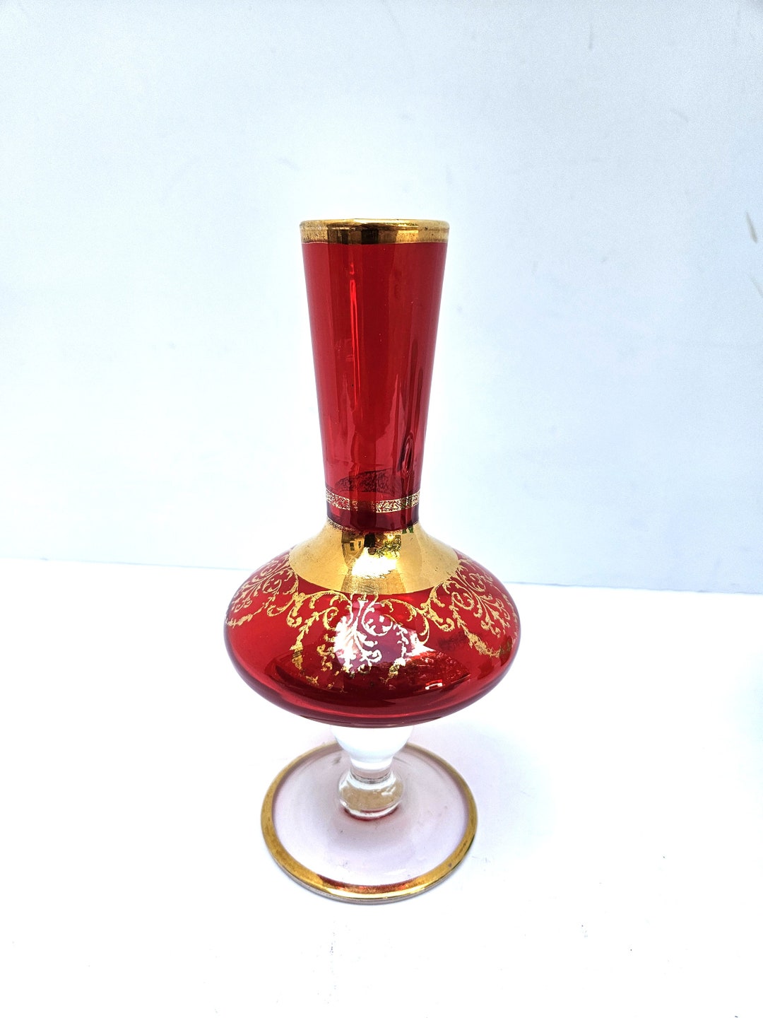 Small Ruby Red Bulb Style Vase With Gold Trim and Details Clear Applied ...