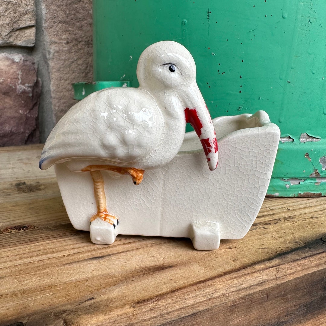 Vintage Stork With Cradle Ceramic Planter Small Succulent Flower Pot ...