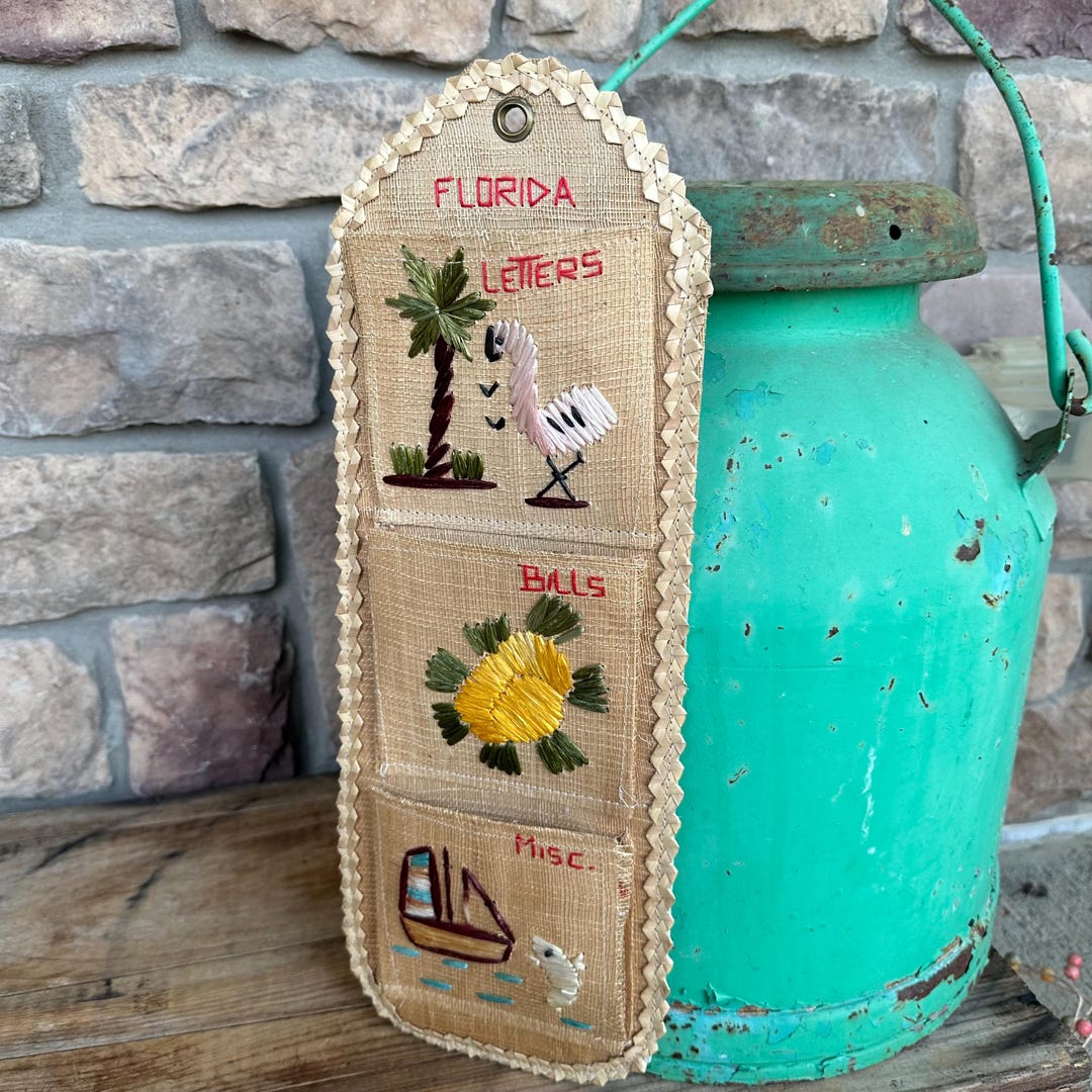 Vintage Florida Letters Wall Pocket, Hand Stitched Mail Organizer With ...