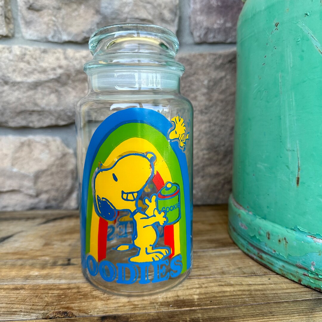 Vintage Snoopy Goodies Peanuts Glass Jar Container - Rainbow Snoopy and ...