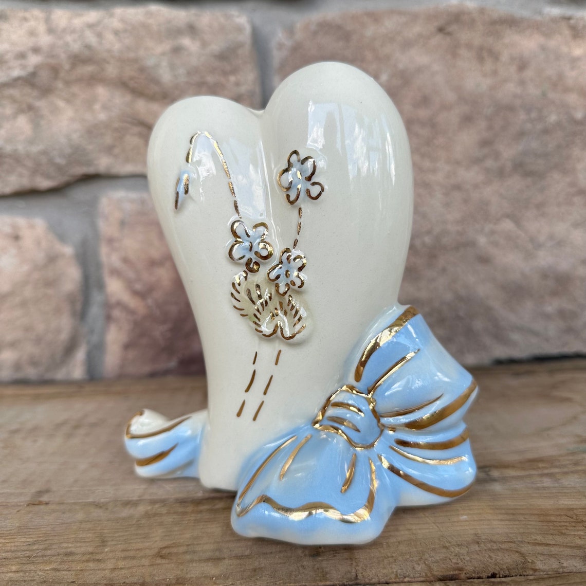 Vintage Ceramic Pottery Heart-shaped Vase - Blue Bow With Gold Brush ...