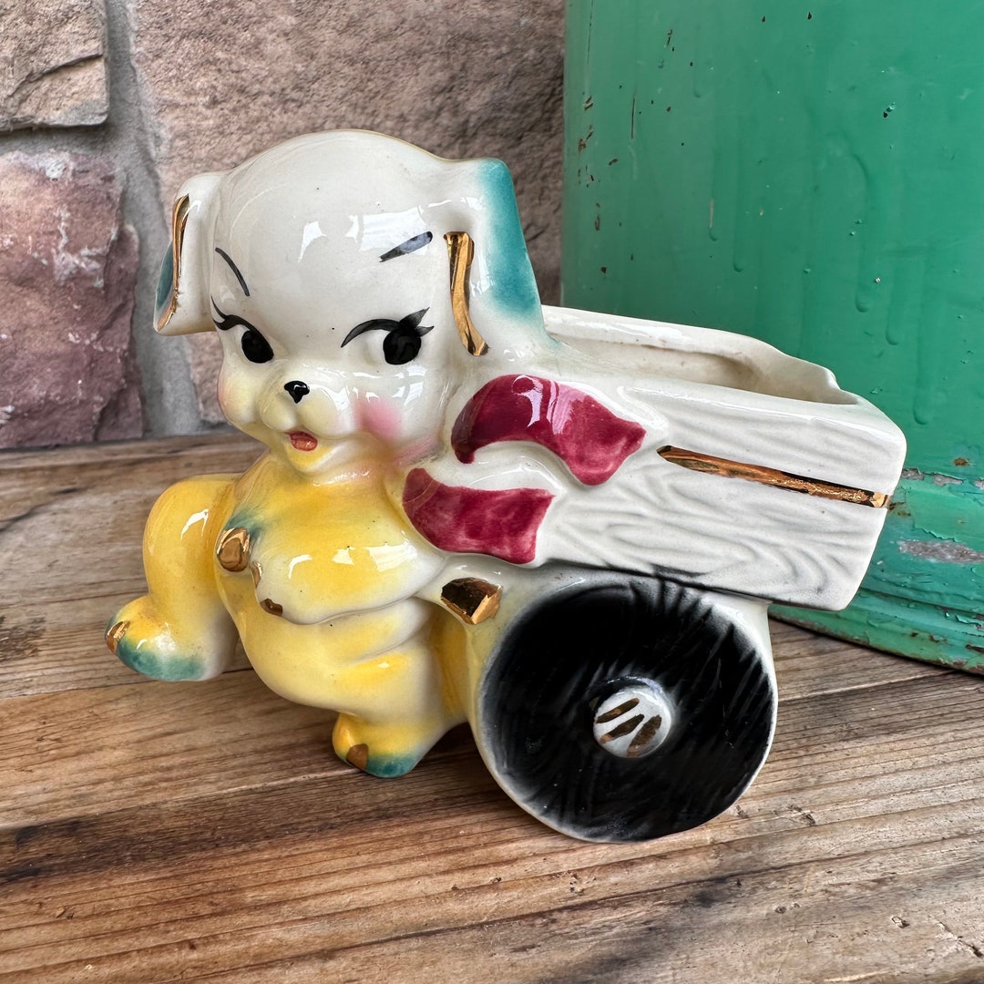 Vintage Kitsch Yellow Puppy Dog Planter, Dog Pulling Cart, Small Dog ...