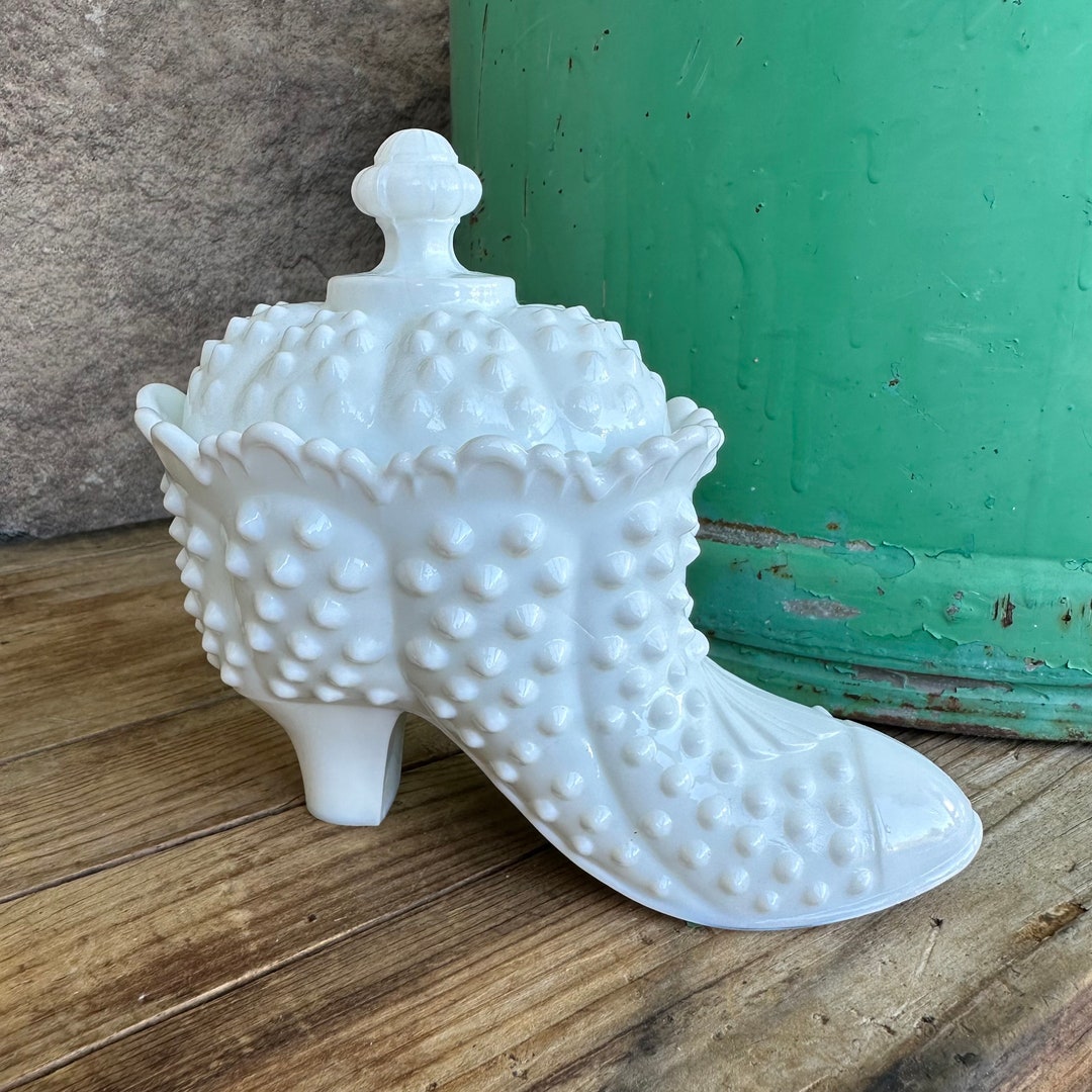 Vintage Fenton Milk Glass Hobnail Victorian Boot With Lid - Covered ...