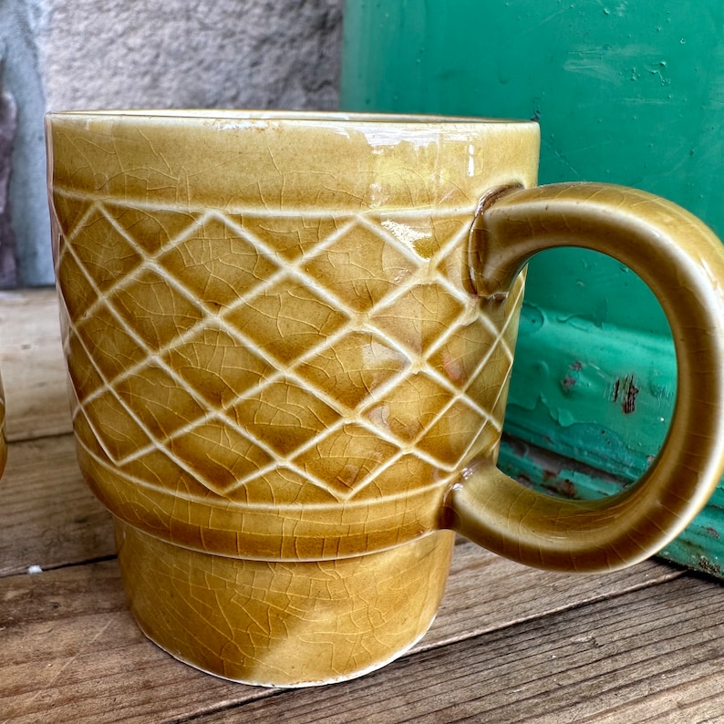 Vintage 1970s Ceramic Stackable Mugs, Golden Mustard Yellow Waffle ...