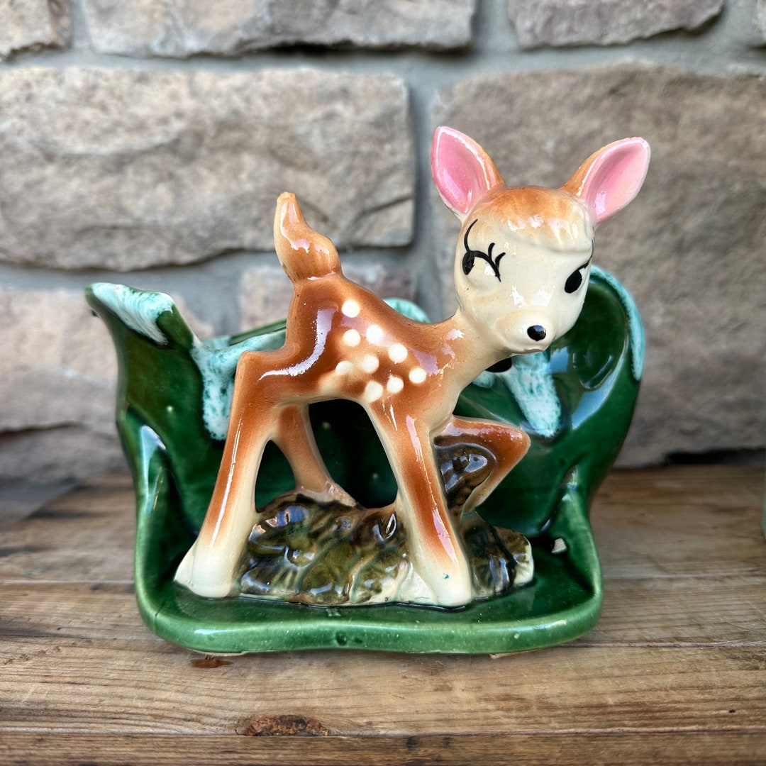 Vintage Kitsch Deer Planter, Green Drip Glaze Pottery, Mid Century ...