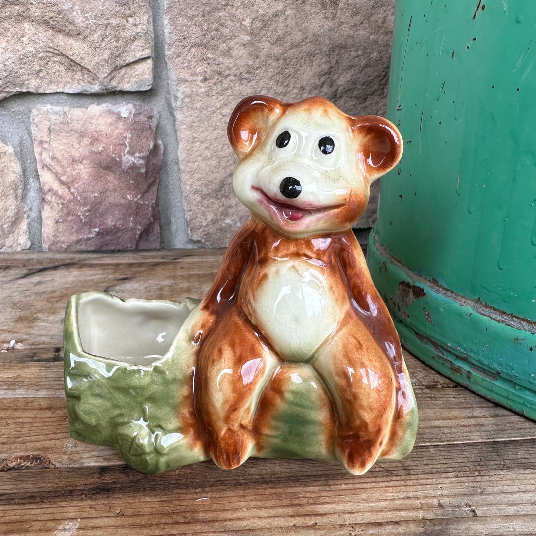 Vintage Anthropomorphic Happy Bear on Log Ceramic Planter, Small ...