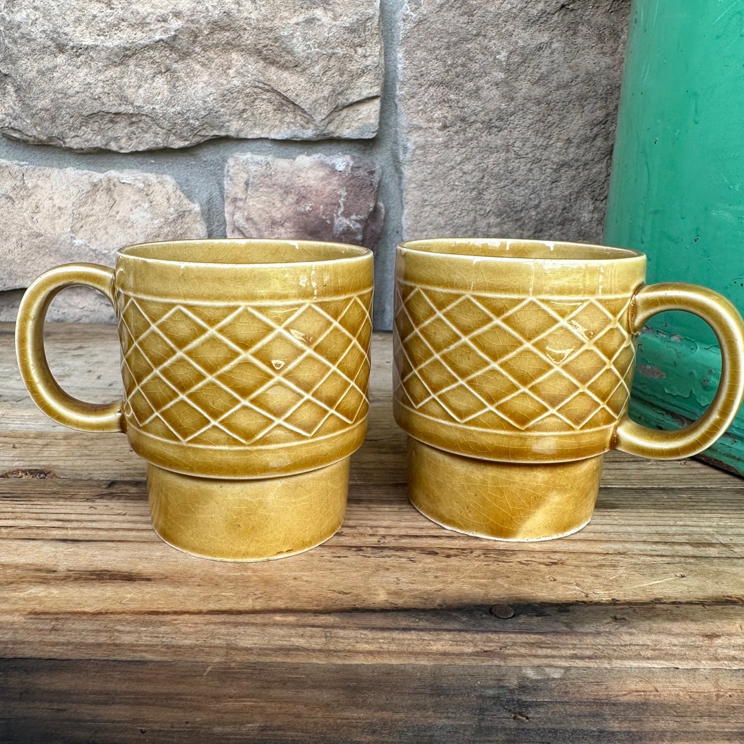 Vintage 1970s Ceramic Stackable Mugs, Golden Mustard Yellow Waffle ...
