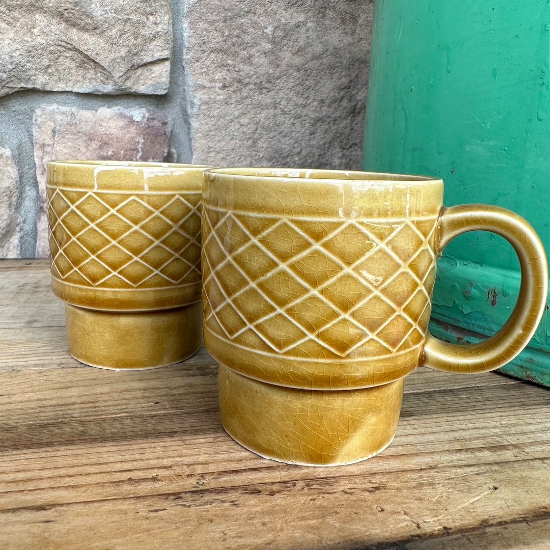 Vintage 1970s Ceramic Stackable Mugs, Golden Mustard Yellow Waffle ...