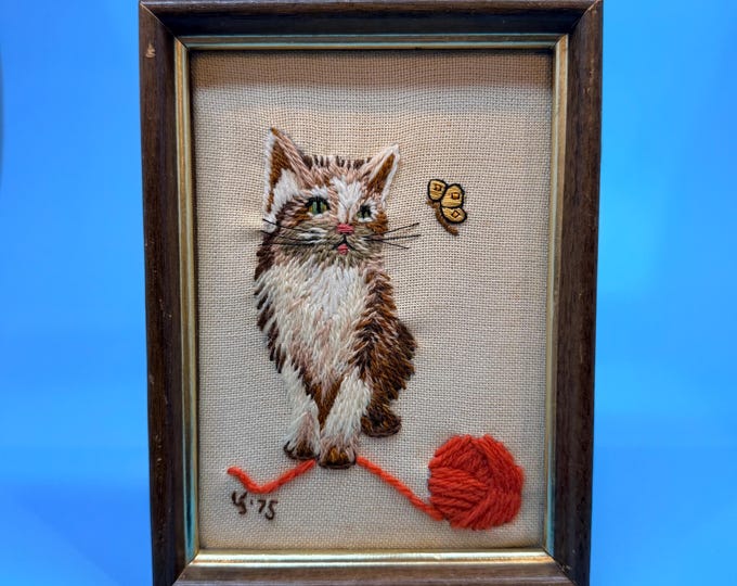 Vintage 1975 Framed Crewel Cat Embroidery With Butterfly, Folk Art ...