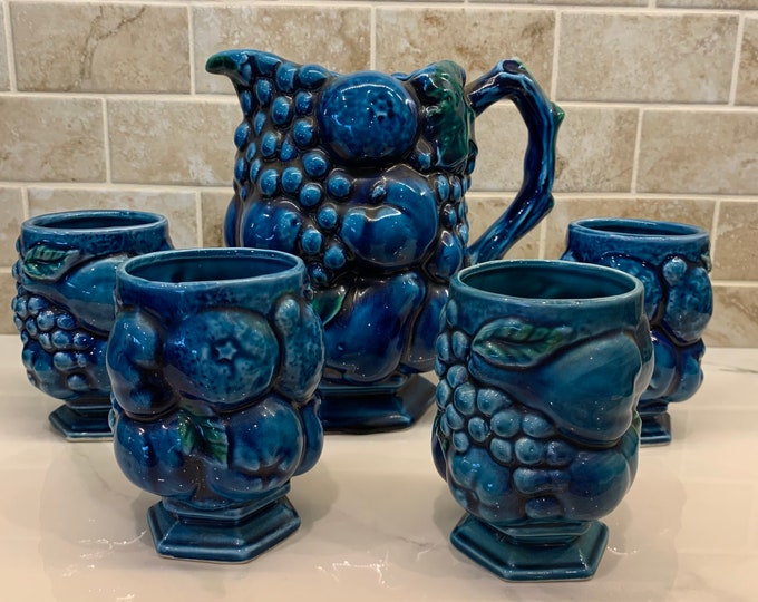 Mid Century Inarco Blue Mood Indigo Juice Pitcher and 4 Juice Glasses ...