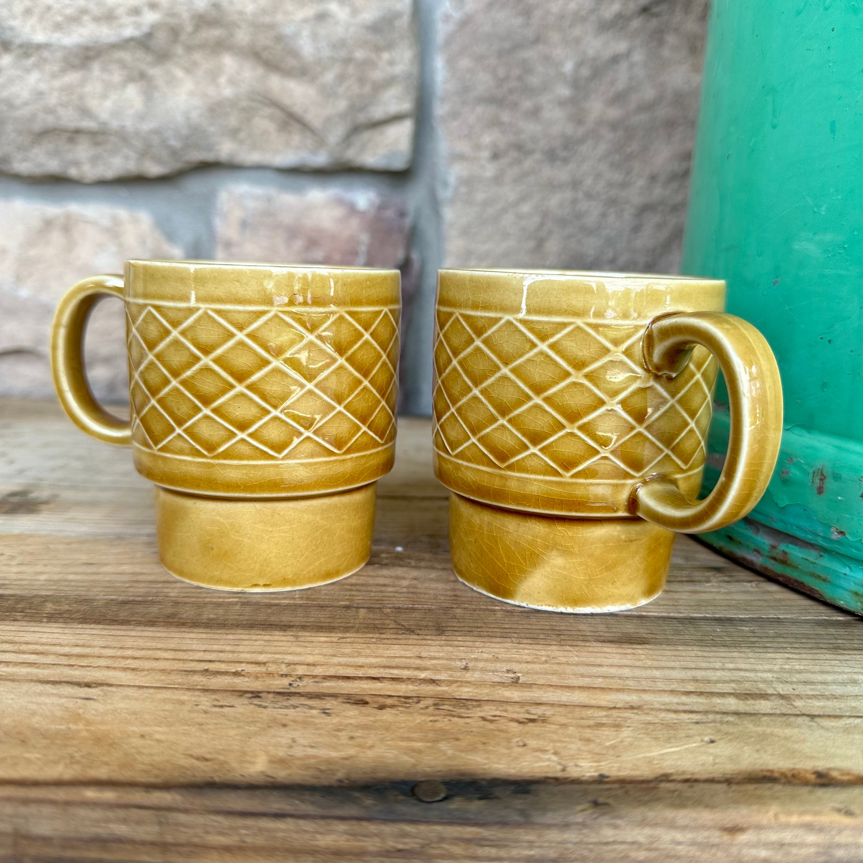 Vintage 1970s Ceramic Stackable Mugs, Golden Mustard Yellow Waffle ...