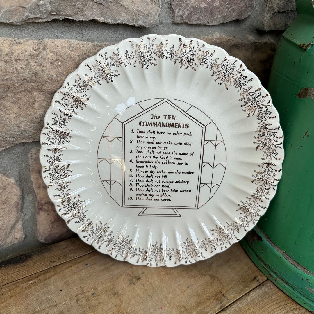 Vintage "the 10 Commandments" Wall Plate - Ribbed Gold Floral Trim Edge ...