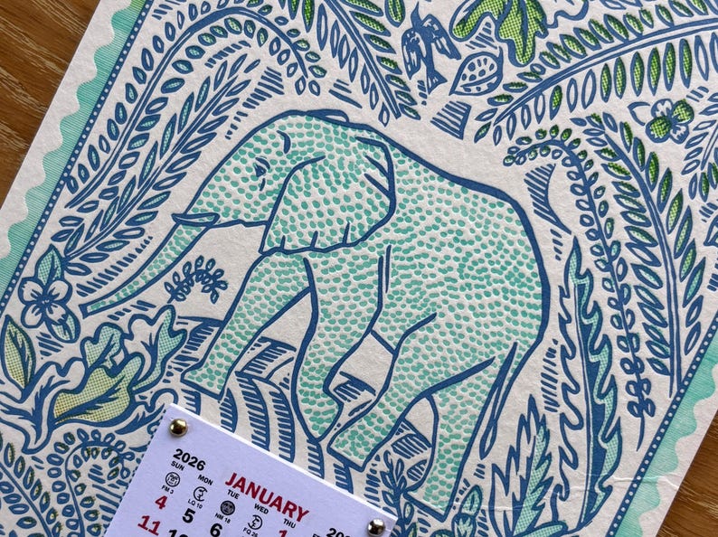 2026 Blue Elephant Calendar: Handmade Letterpress - Etsy