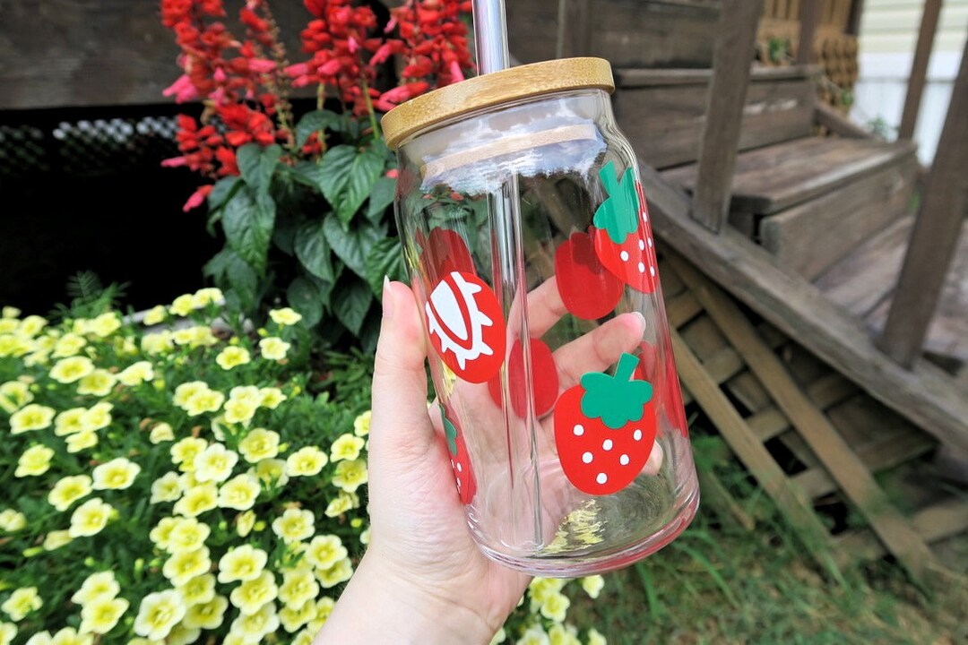Kawaii Red Strawberry Glass Cup | Cute Iced Coffee Cup, Strawberry Beer ...