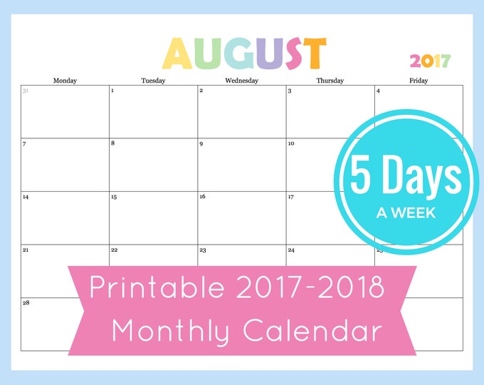 Printable Calendar, 5 Day Calendar, 5 Day Weekly Planner, Teacher ...