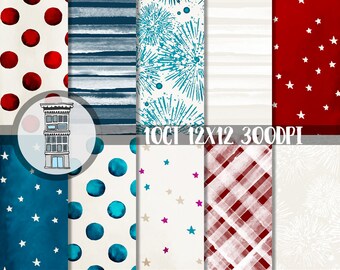 Stars & Stripes DIGITAL PAPER PACK red white navy blue Polka | Etsy