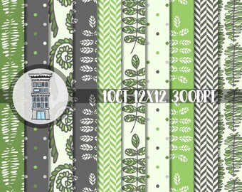 Green Digital Paper Pack INSTANT DOWNLOAD Ferns & Fiddlehead | Etsy