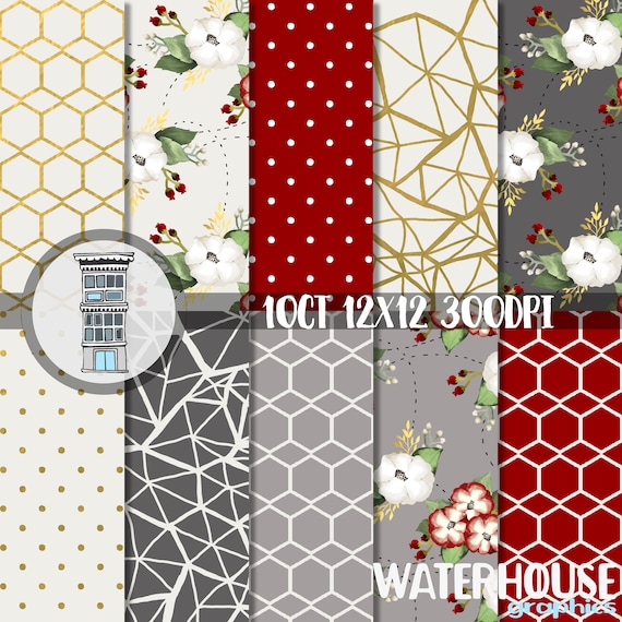 Red GOLD Floral Digital Paper Christmas Watercolor Flowers Red | Etsy