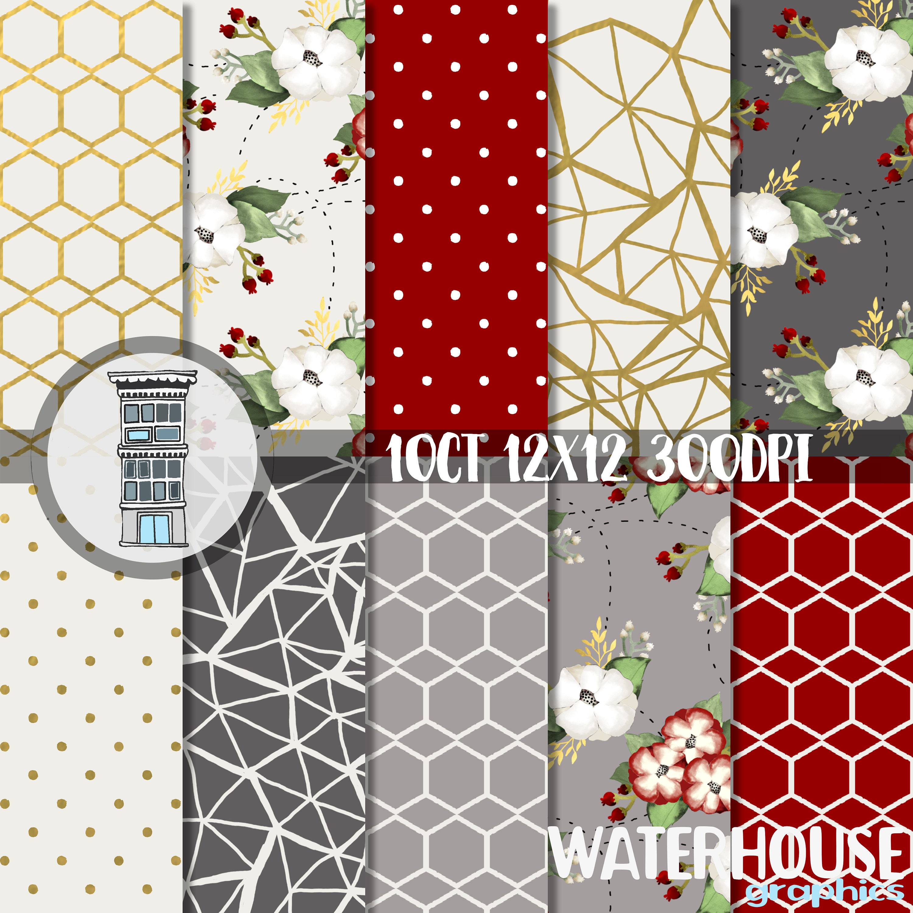 Red GOLD Floral Digital Paper Christmas Watercolor Flowers Red Gold ...