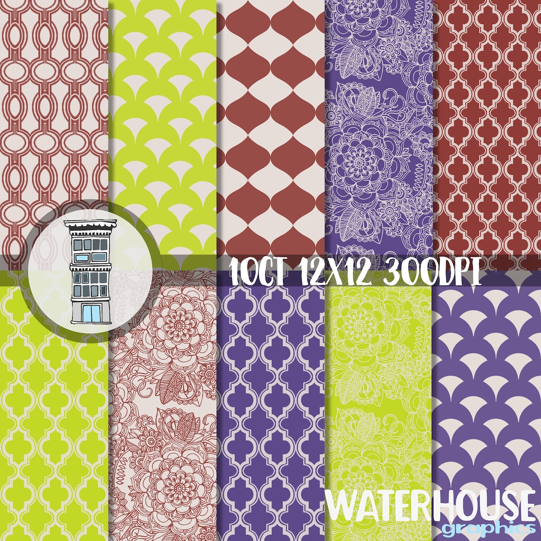 Digital Paper Pack Moroccan Patterns Lime Green Violet Purple Floral ...