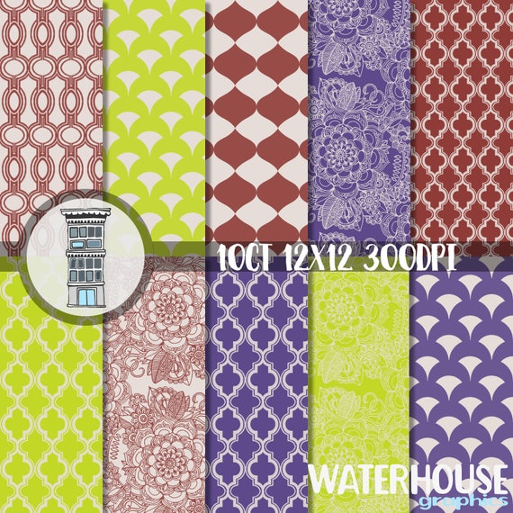 Digital Paper Pack Moroccan Patterns Lime Green Violet Purple | Etsy