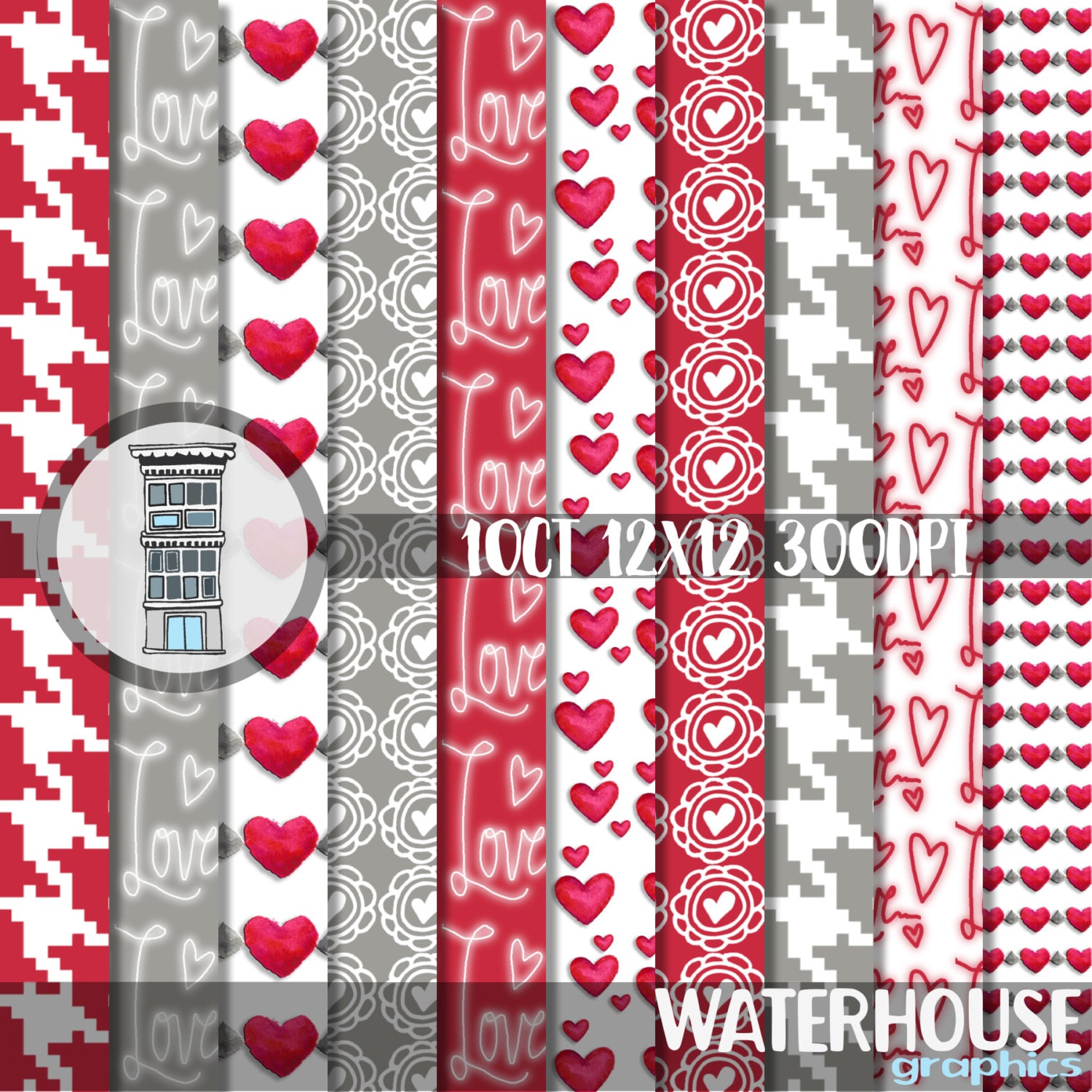 Digital Valentine Paper Pack INSTANT DOWNLOAD Gray Red & Pink | Etsy