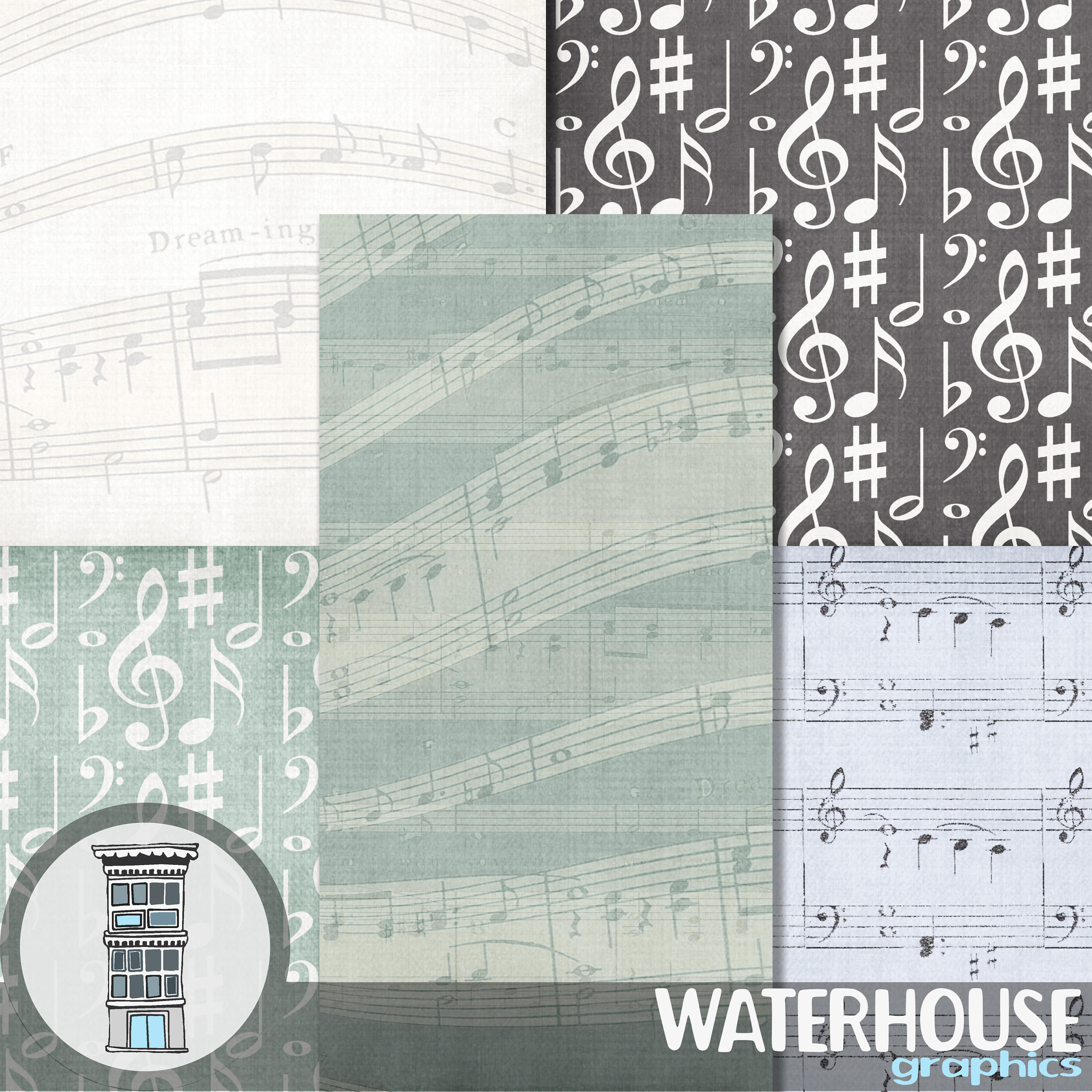 Musical DIGITAL PAPER PACK Sage Green Sky Blue Distressed Music Notes ...