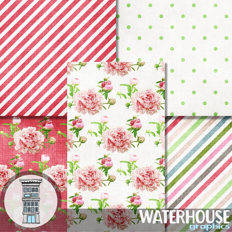 Pink Peonies Teal Digital Floral PAPER PACK Instant Download Rose Pink ...