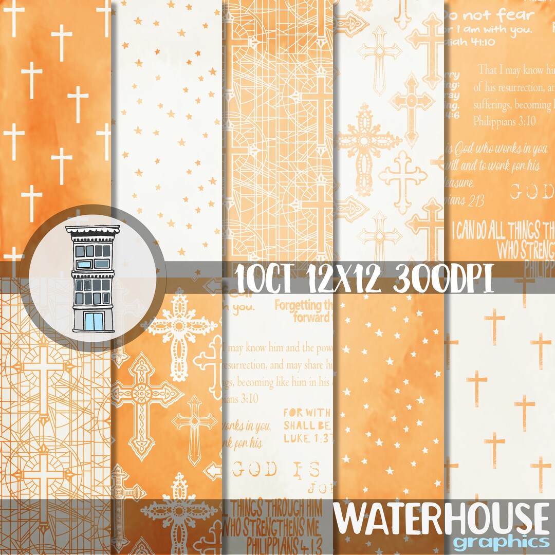 Religious ORANGE Digital Paper Pack INSTANT DOWNLOAD Bible Watercolor ...