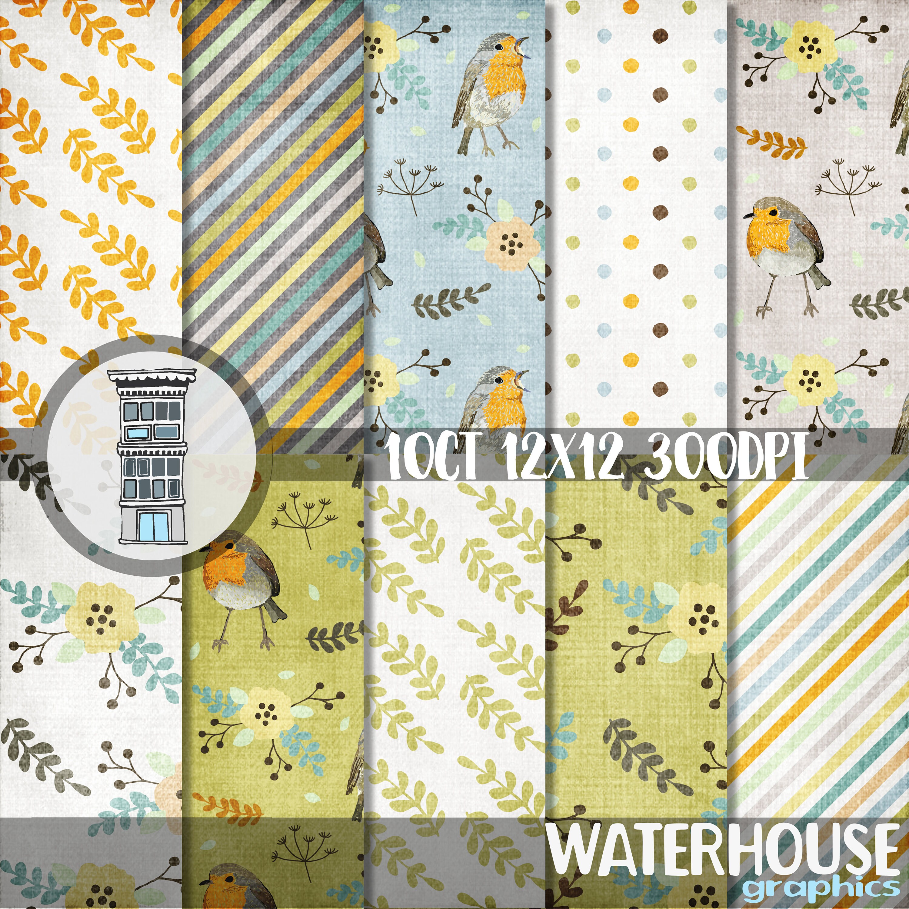 Spring Digital Paper Pack hand drawn birds floral patterns | Etsy