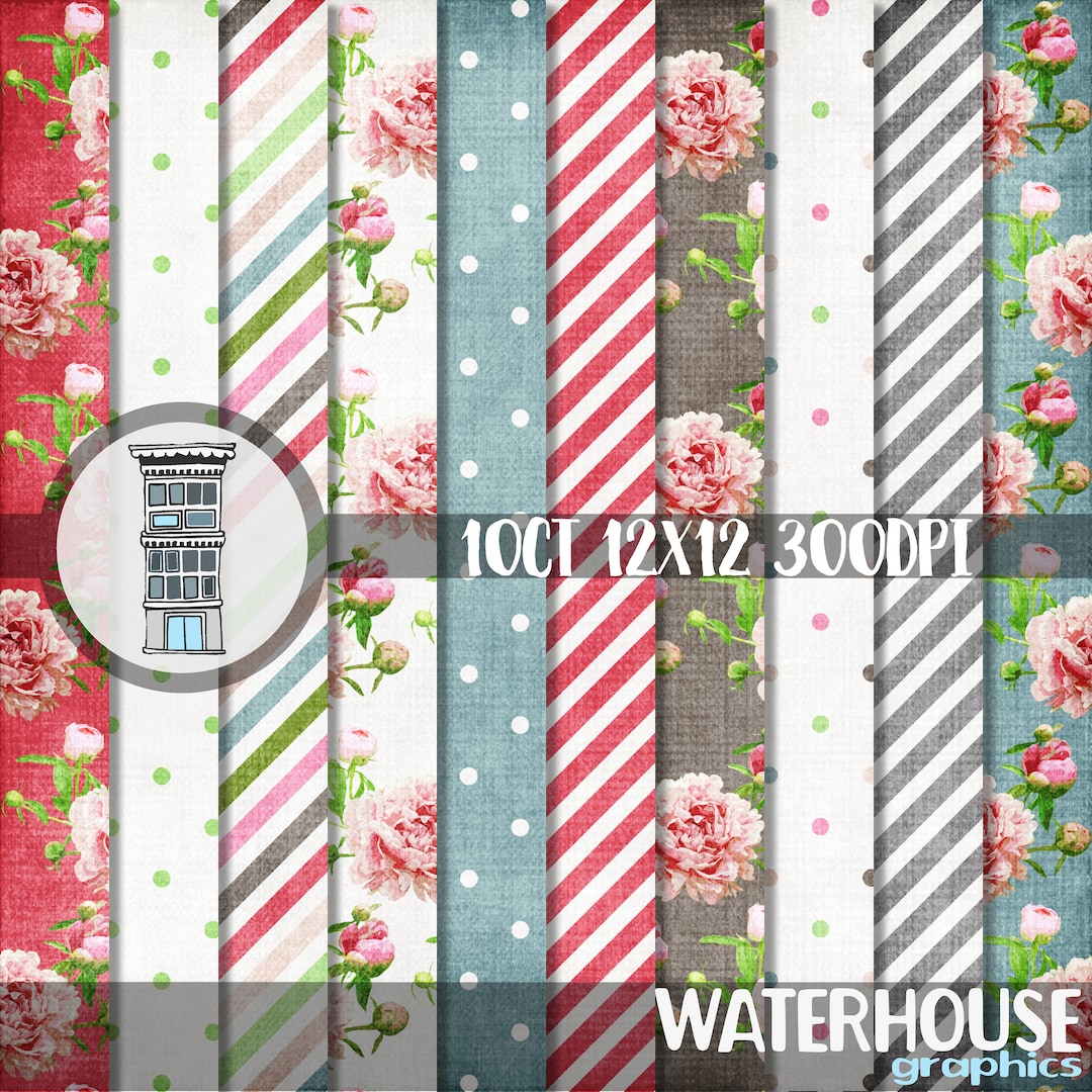 Pink Peonies Teal Digital Floral PAPER PACK Instant Download Rose Pink ...