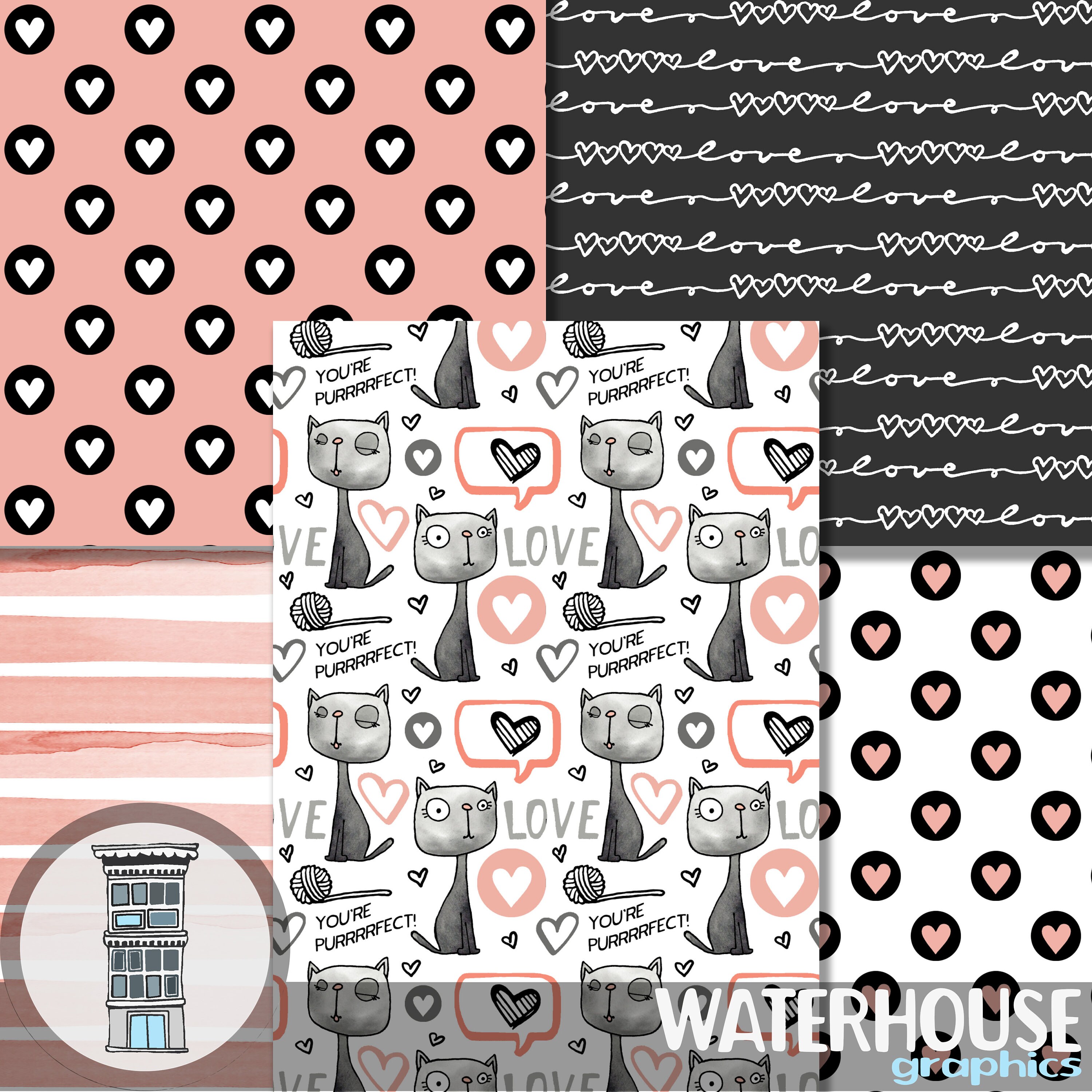 Valentine Digital Paper Watercolor Cats Love Hearts Polka Dots - Etsy