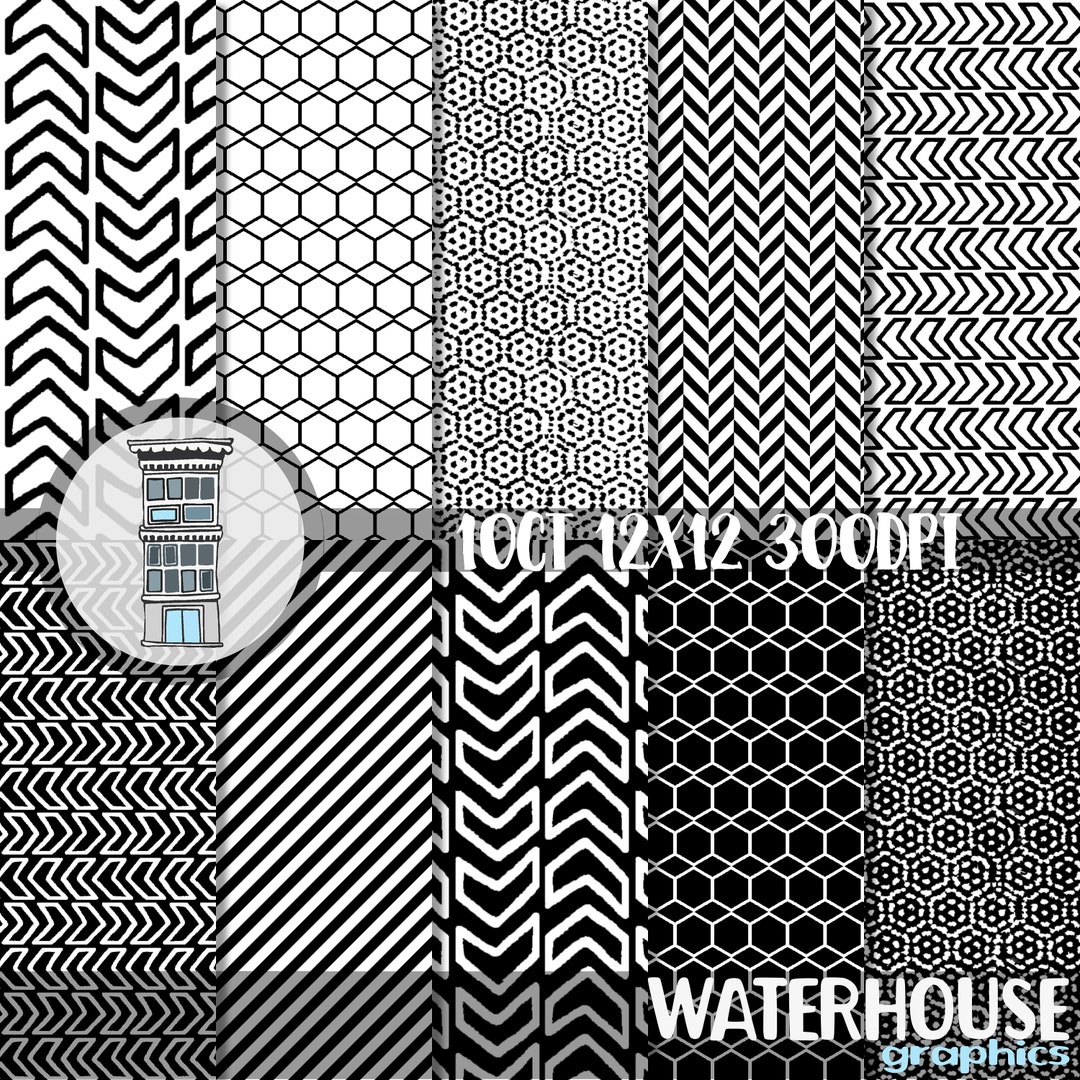 Black & White Geometric Digital Paper Pack Hexagons Arrows Digital ...