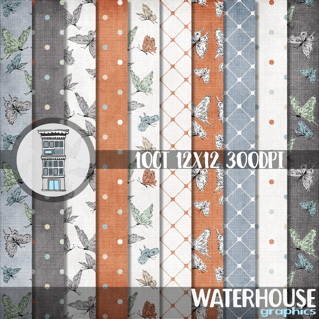 Digital Butterflies Paper Pack INSTANT DOWNLOAD Light Blue Rust Cream ...