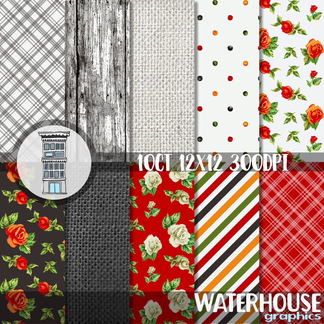 RED Roses Digital Paper Pack Pretty Wedding Flowers Vintage Floral Red ...
