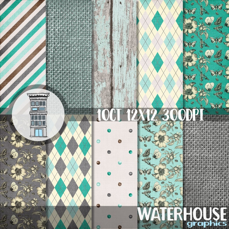 Teal Floral Digital Paper Pack Antique Style Flowers - Etsy