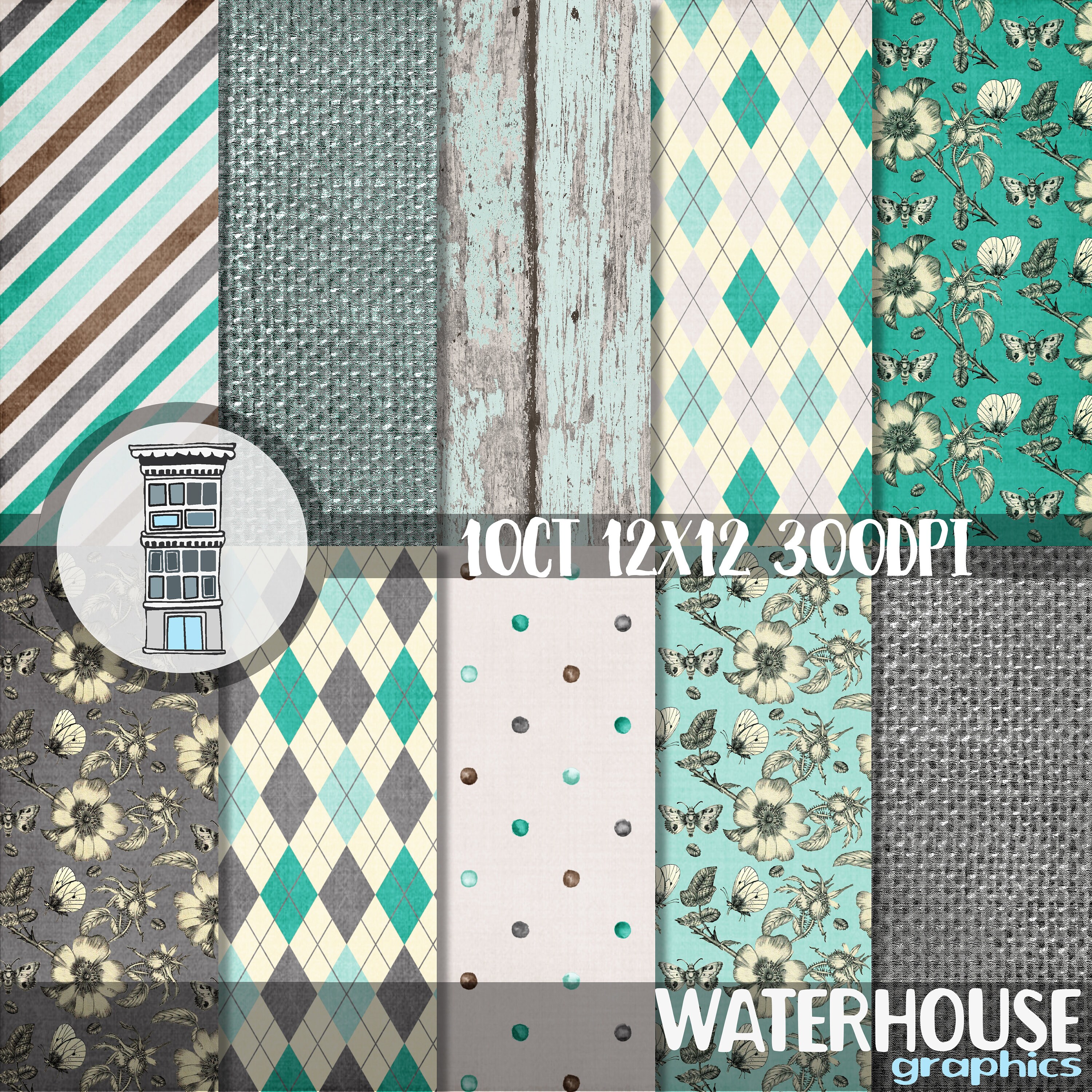 Teal Floral Digital Paper Pack Antique Style Flowers Distressed Vintage ...